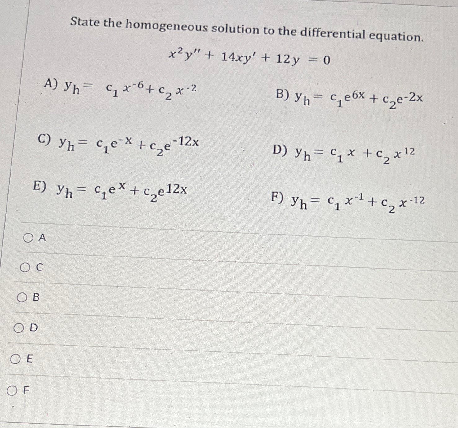Solved State the homogeneous solution to the differential | Chegg.com