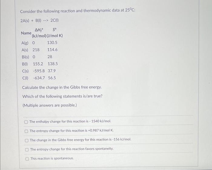 Solved Consider the following reaction and thermodynamic | Chegg.com