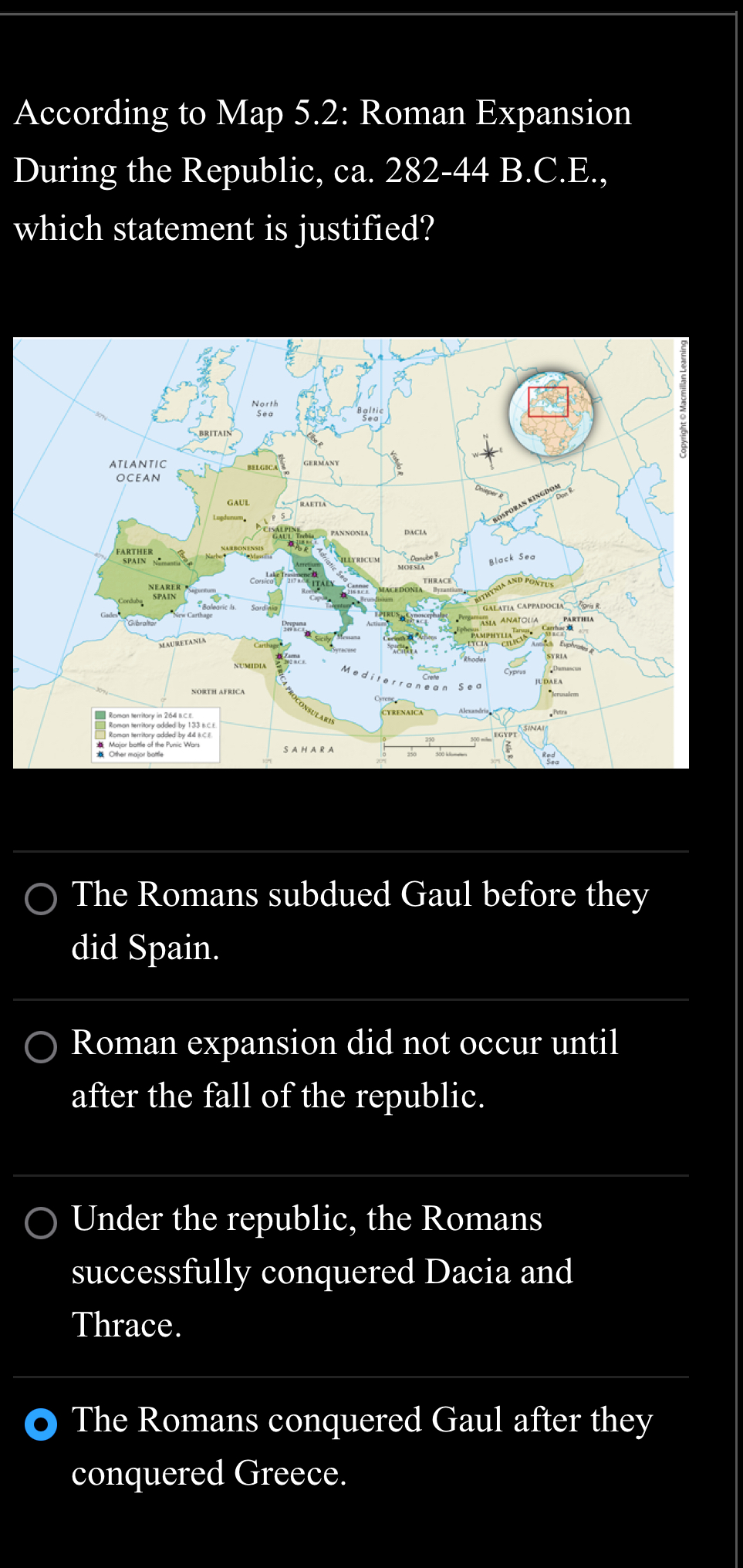 Solved According to Map 5.2: Roman Expansion During the | Chegg.com