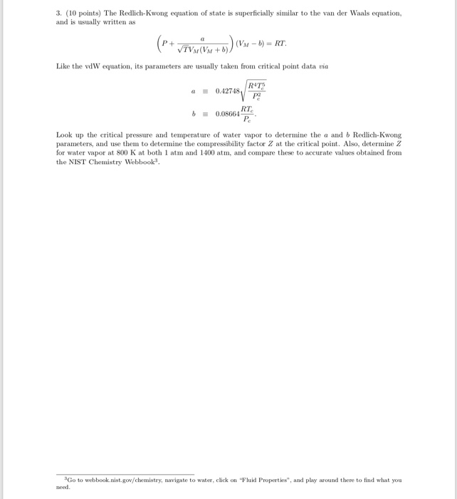 Solved 3. (10 points) The Redlich-Kwong equation of state is | Chegg.com