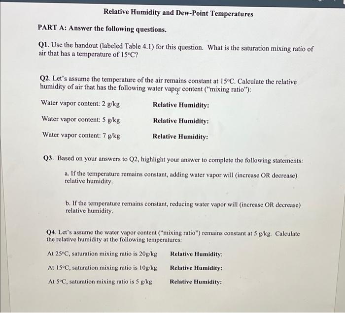 Solved Relative Humidity and Dew-Point Temperatures PART A: | Chegg.com