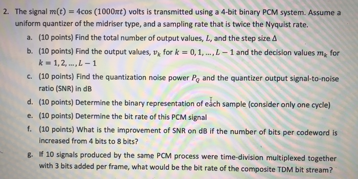 Solved 2. The signal m(t) = 4cos (1000nt) volts is | Chegg.com