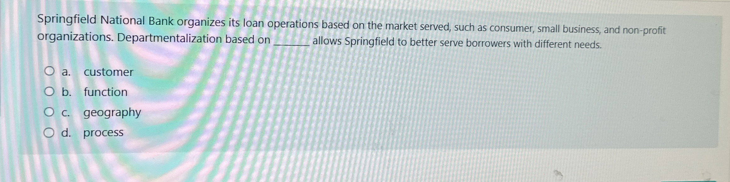 Solved Springfield National Bank organizes its loan | Chegg.com