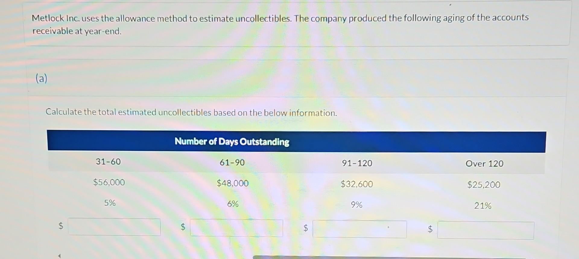Solved Metlock Inc. uses the allowance method to estimate | Chegg.com Solved Metlock Inc. uses the allowance method to estimate | Chegg.com