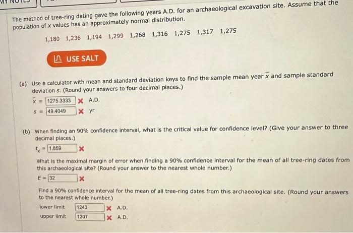 Solved The method of tree-ring dating gave the following | Chegg.com