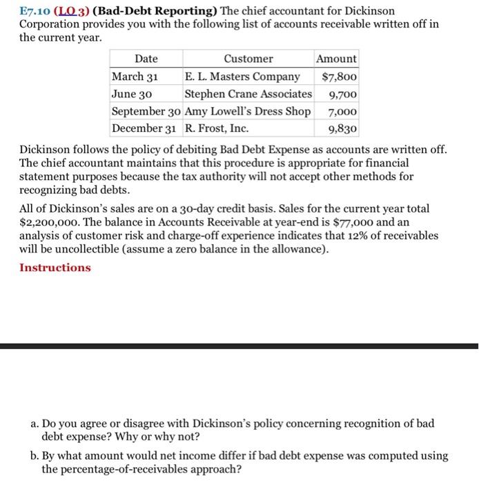 Solved E7.10 (LO3) (Bad-Debt Reporting) The chief accountant | Chegg.com