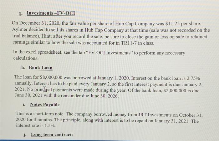 Solved g. Investments -FV-OCI On December 31, 2020, the fair | Chegg.com