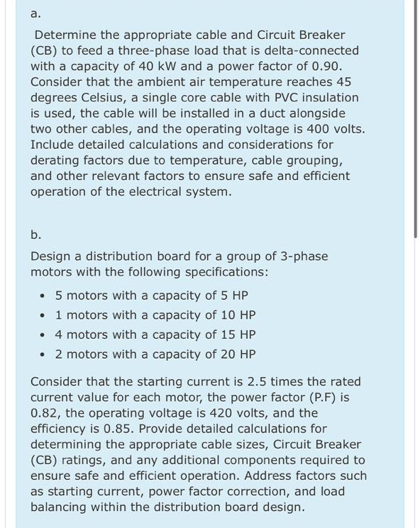 Solved a.Determine the appropriate cable and Circuit Breaker | Chegg.com
