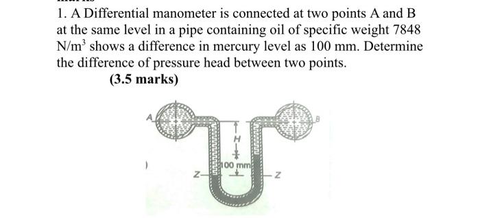 Solved 1. A Differential manometer is connected at two | Chegg.com