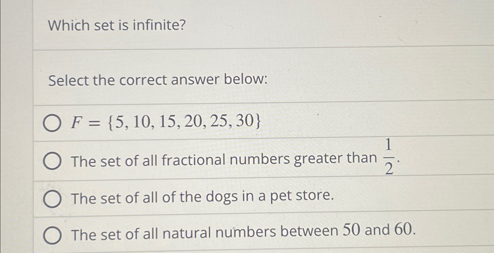 Solved Which set is infinite?Select the correct answer | Chegg.com