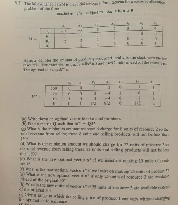 Solved 6.3 The following tableau M is the initial canonical | Chegg.com