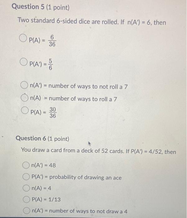 Solved Two standard 6-sided dice are rolled. If n(A′)=6, | Chegg.com