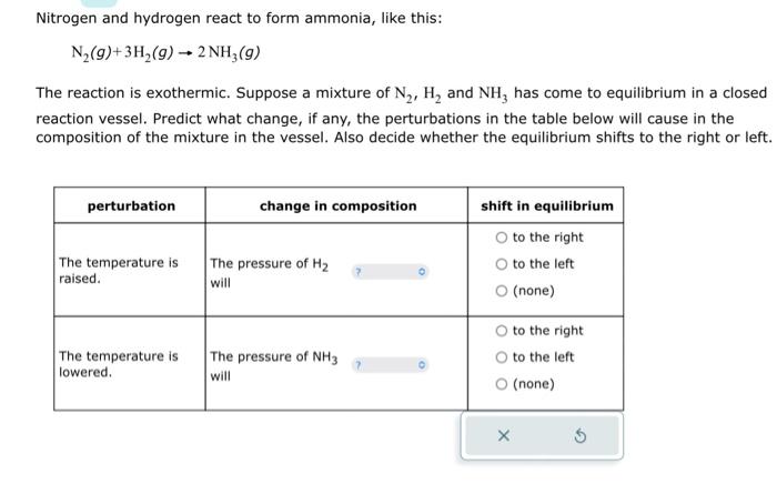 Solved Nitrogen and hydrogen react to form ammonia, like | Chegg.com
