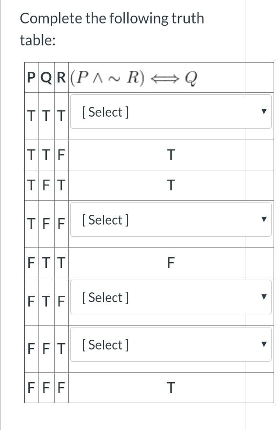 Solved Complete the following truth table: PQR(PA~ R) 3Q TIT | Chegg.com