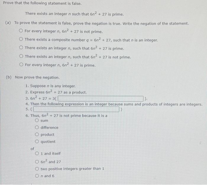Solved There exists an integer n such that 6n2+27 is prime. | Chegg.com