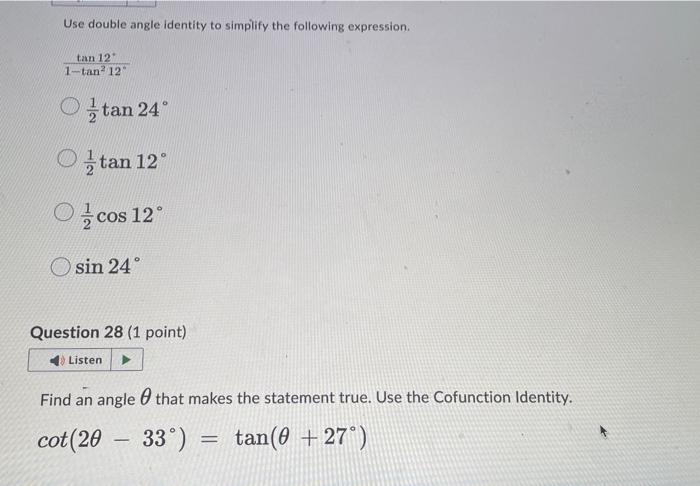 Solved Use double angle identity to simplify the following | Chegg.com