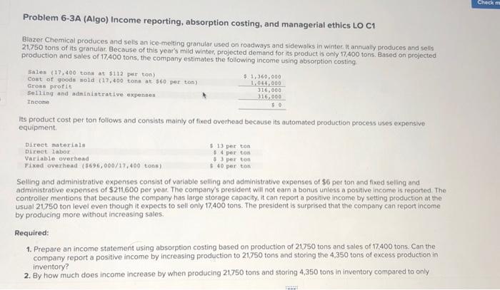 Solved Problem 6-3A (Algo) Income reporting, absorption | Chegg.com