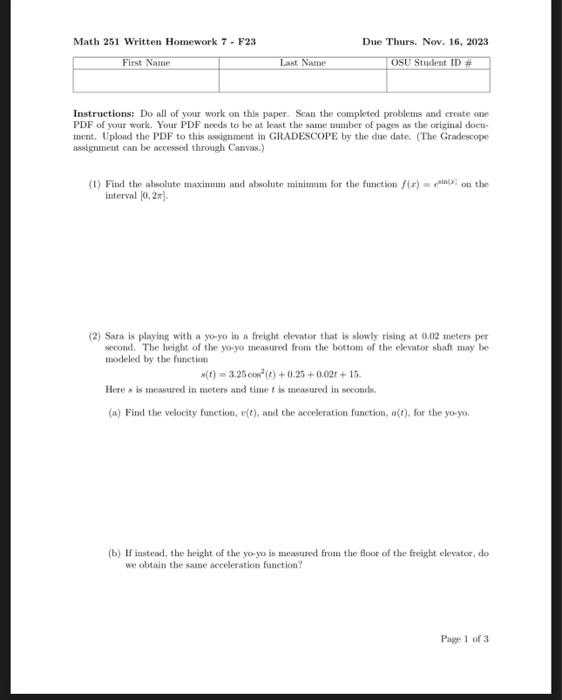 Solved Math 251 Written Homework 7 - F23 Due Thurs. Nov, 16, | Chegg.com