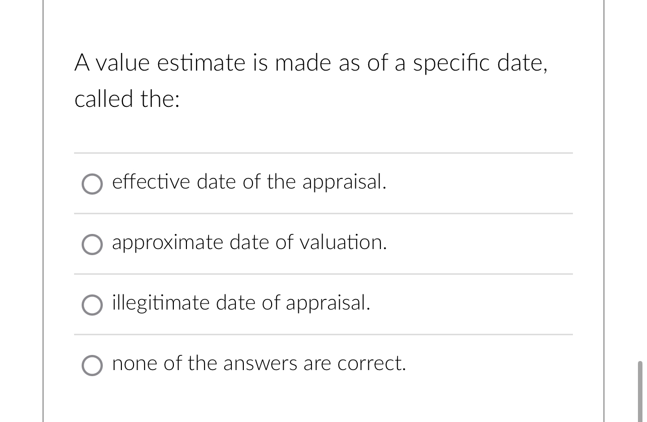 Solved A value estimate is made as of a specific date, | Chegg.com