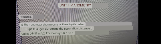 Solved Problems. UNIT I: MANOMETRY 1) The manometer shown | Chegg.com