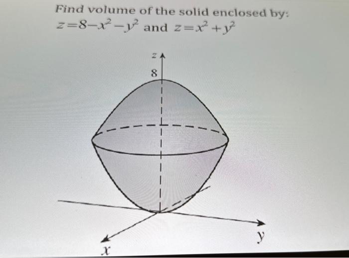 Solved Find volume of the solid enclosed by: z=8−x2−y2 and | Chegg.com