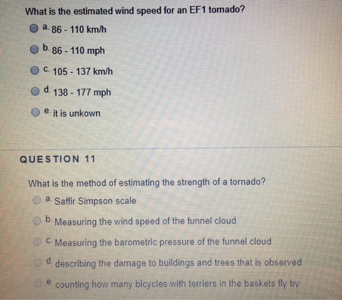 Solved What is the estimated wind speed for an EF 1 tornado? | Chegg.com