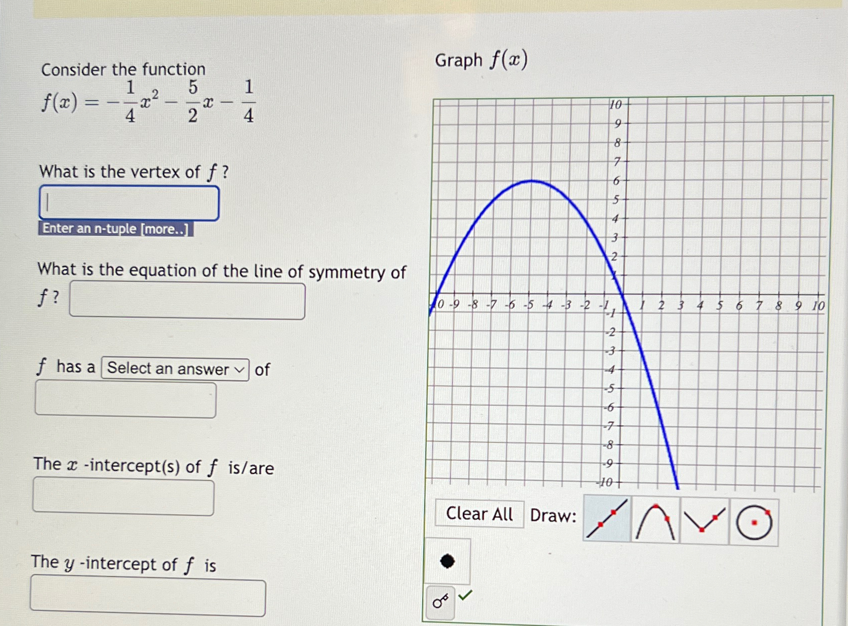 Solved Consider the functionGraph f(x)f(x)=-14x2-52x-14What | Chegg.com