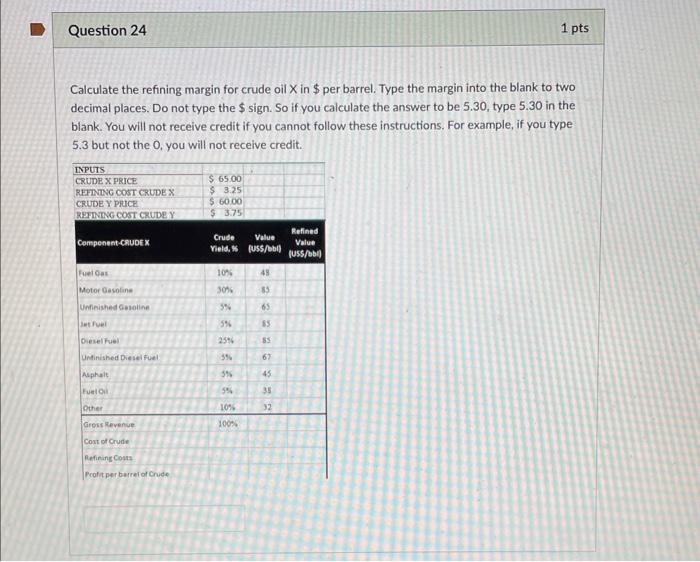 Solved Calculate The Refining Margin For Crude Oil X In