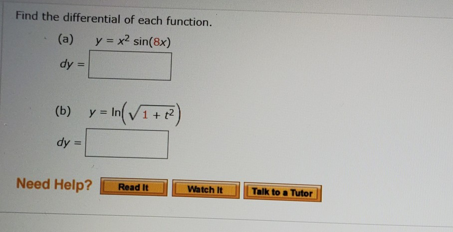 Solved Find the differential of each function. (a) y = x2 | Chegg.com