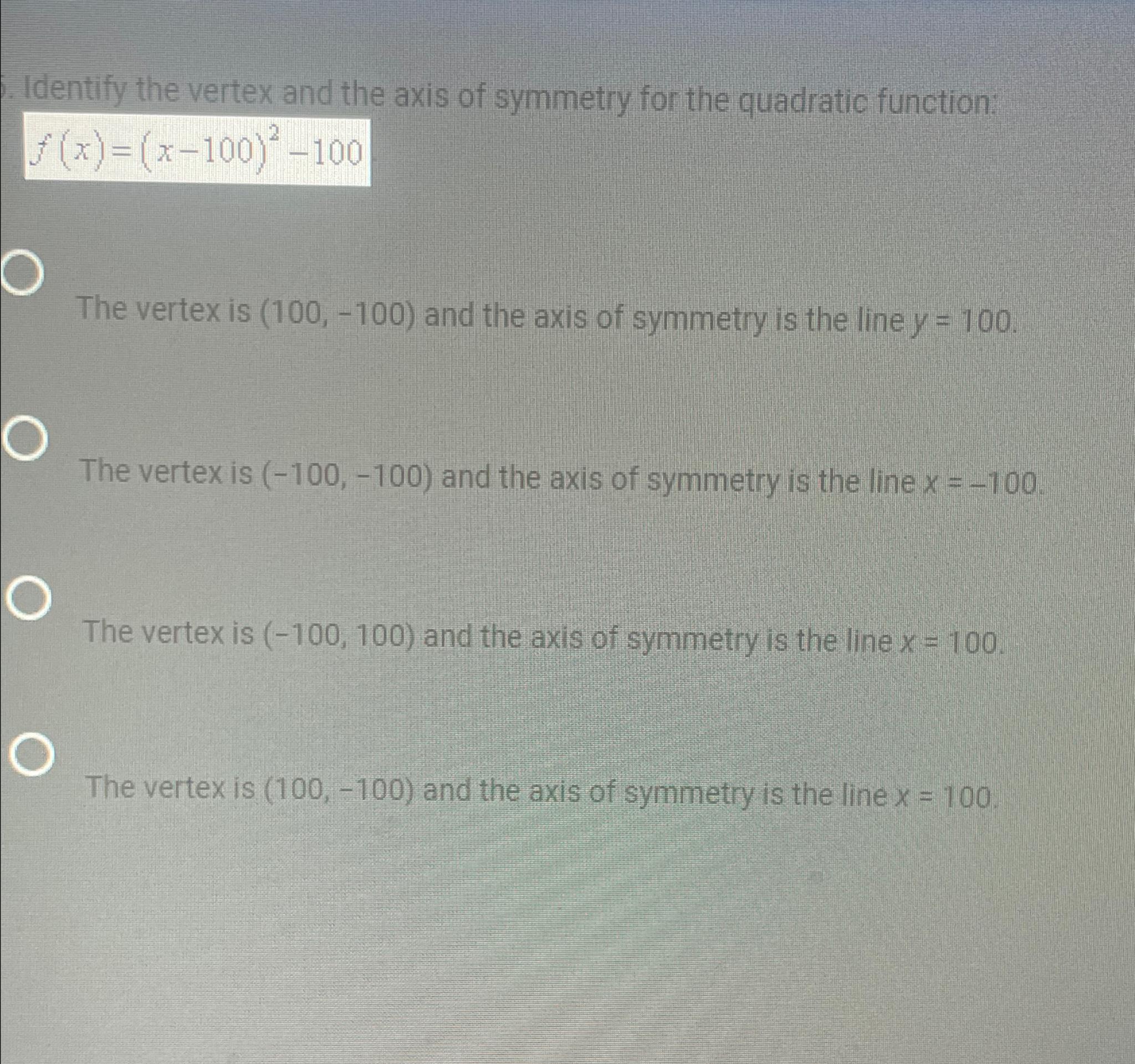 Solved Identify the vertex and the axis of symmetry for the | Chegg.com
