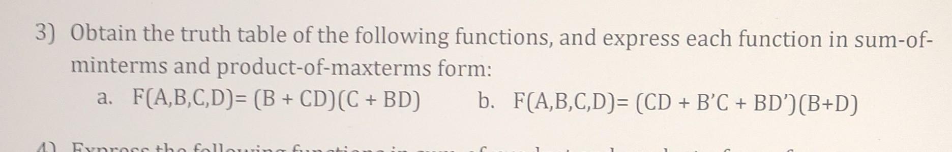 Solved 3 Obtain The Truth Table Of The Following Functions