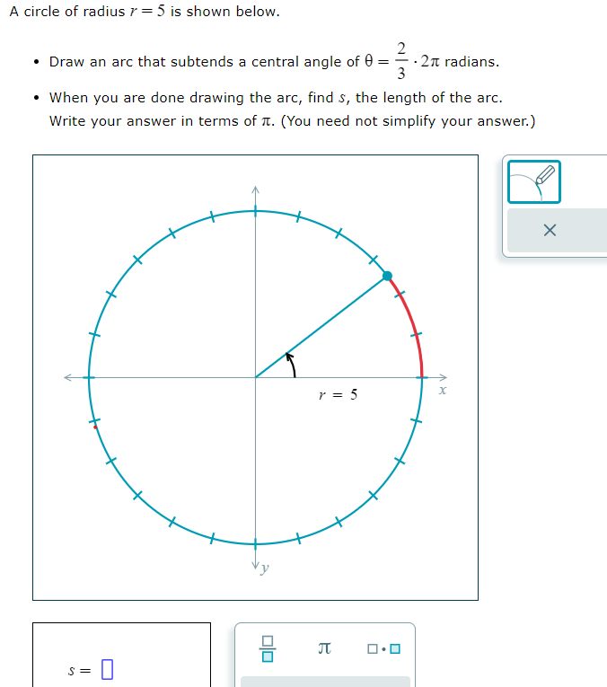 Solved A circle of radius r=5 ﻿is shown below.Draw an arc | Chegg.com