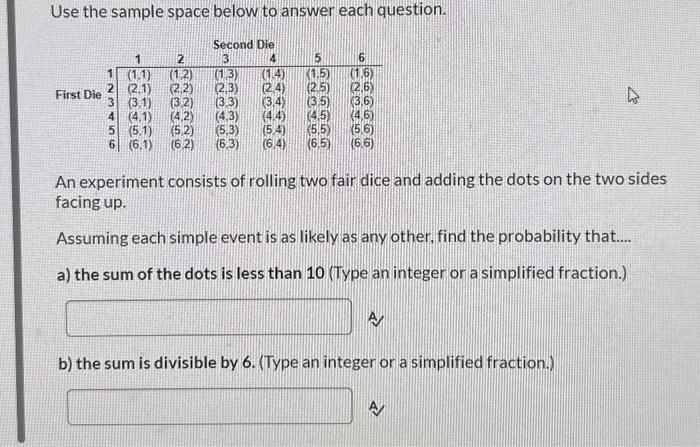 Solved Use the sample space below to answer each question. | Chegg.com