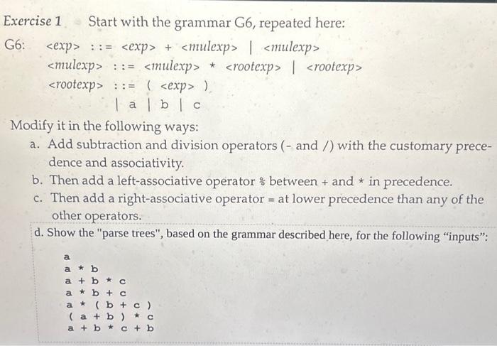 Solved Exercise 1. Start with the grammar G6, repeated here: | Chegg.com