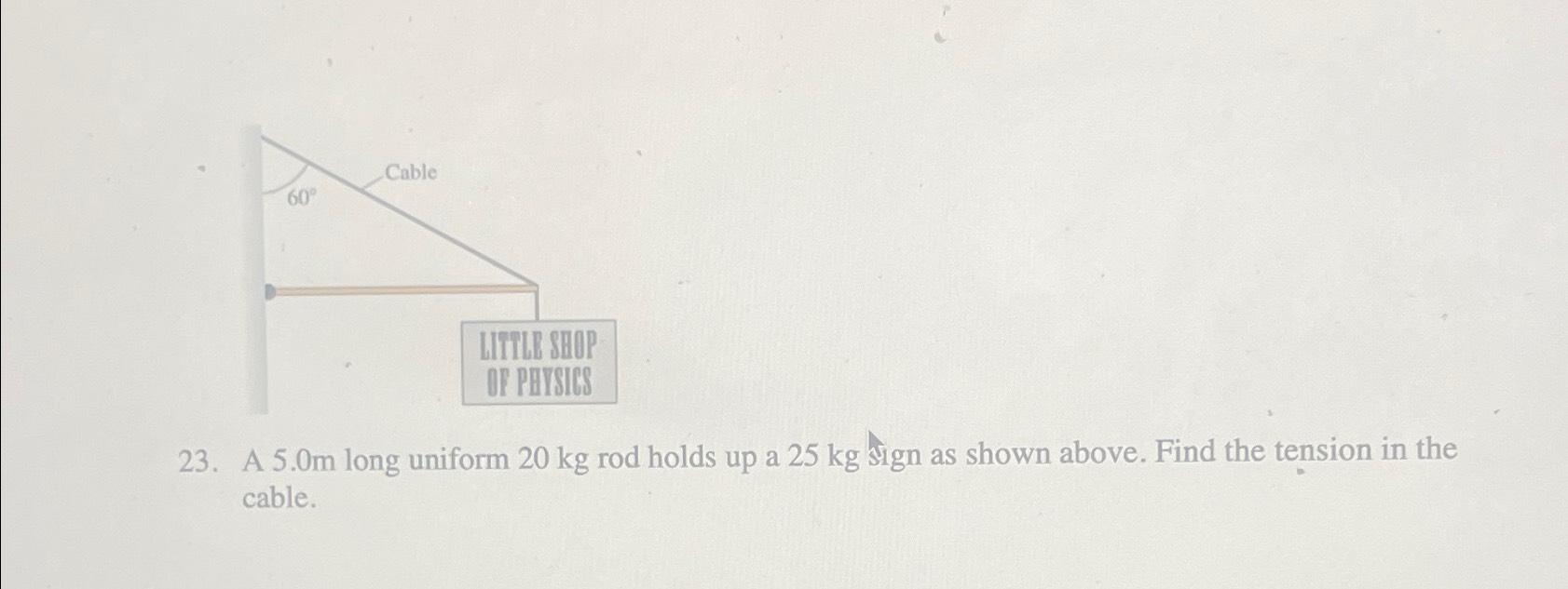 Solved A 5.0m ﻿long uniform 20kg ﻿rod holds up a 25kg ﻿sign | Chegg.com