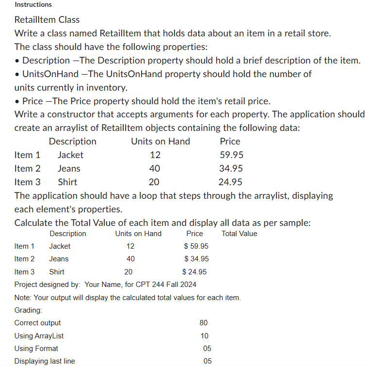 Solved Instructions Retailltem Class Write a class named | Chegg.com