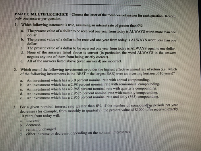 Solved PARTI: MULTIPLE CHOICE-Choose the letter of the most | Chegg.com