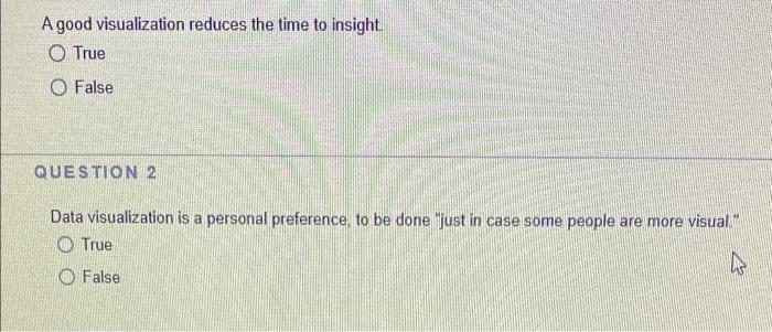 Solved A good visualization reduces the time to insight True | Chegg.com