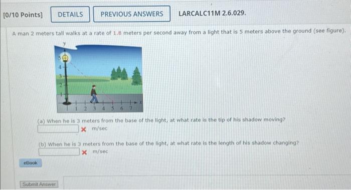 Solved man 2 meters tall walks at a rate of 1.8 meters per | Chegg.com
