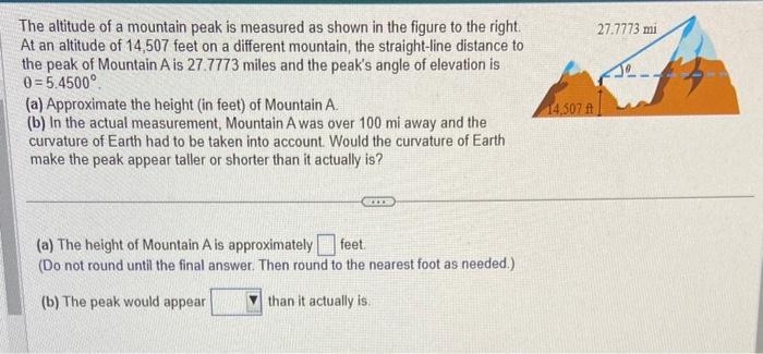 Solved The altitude of a mountain peak is measured as shown | Chegg.com