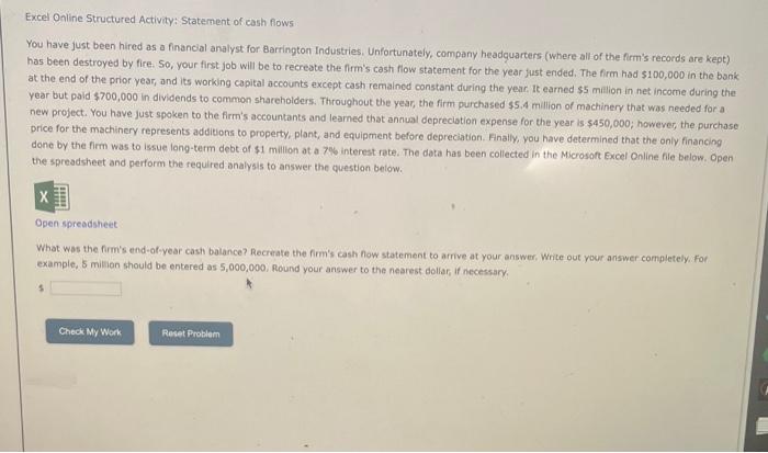 Solved Excel Online Structured Activity: Statement of cash | Chegg.com