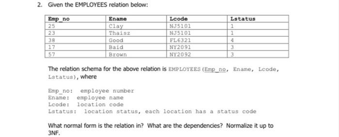 Solved 2. Given the EMPLOYEES relation below: Emp_no 25 23 | Chegg.com Solved 2. Given the EMPLOYEES relation below: Emp_no 25 23 | Chegg.com