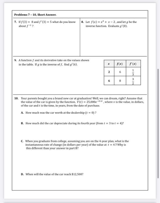 Solved Problems 7- 10, Short Answer. 7. If f(3) = 8 and | Chegg.com