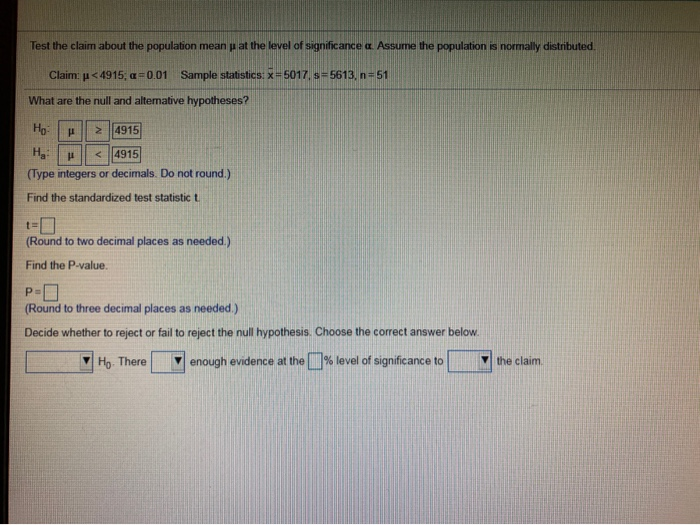 Solved Test the claim about the population mean p at the | Chegg.com