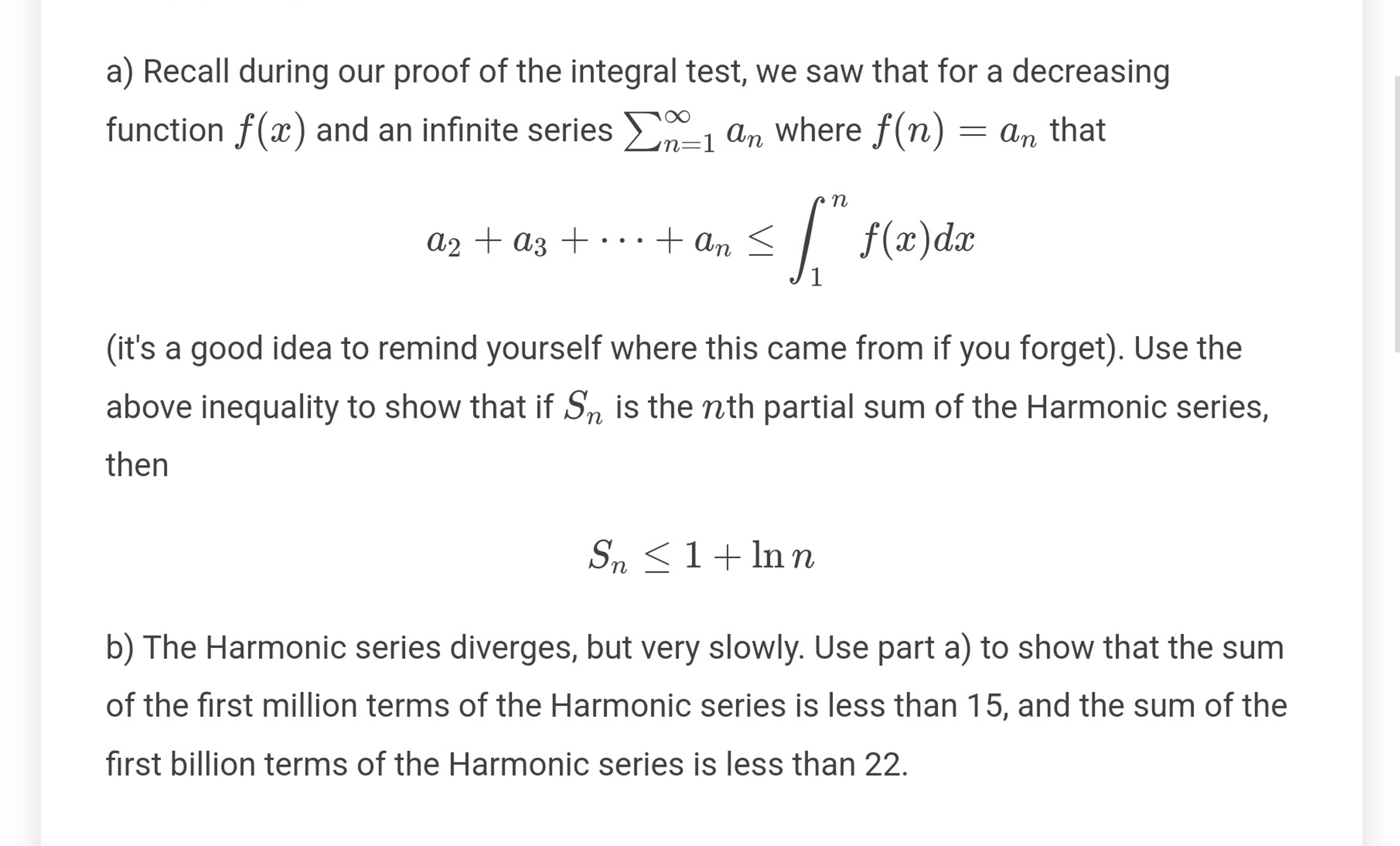 Solved a) ﻿Recall during our proof of the integral test, we | Chegg.com