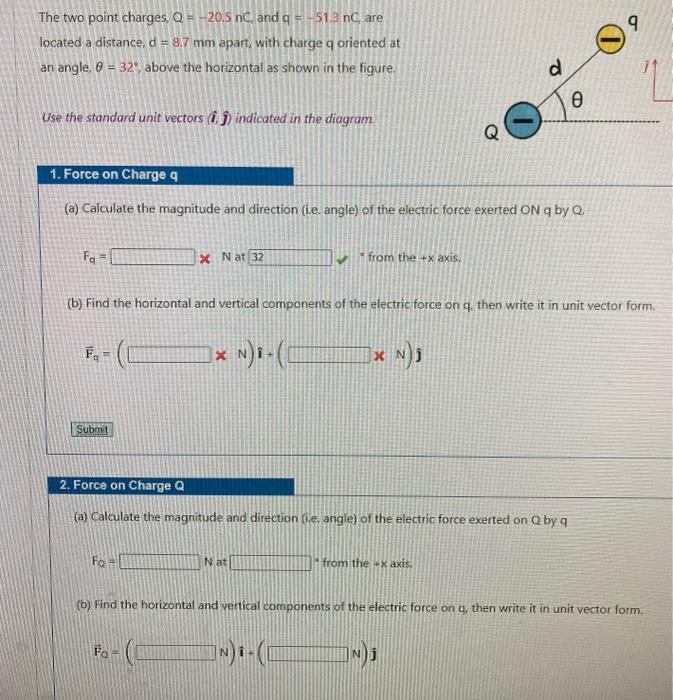 Solved The two point charges, Q=−20.5nC, and q=−51.3nC, are | Chegg.com