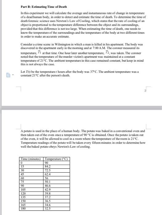 Solved Part B: Estimating Time of Death In this experiment | Chegg.com