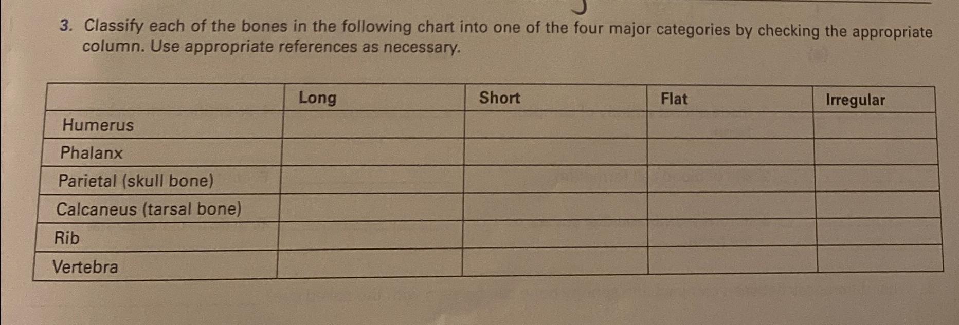 Solved Classify each of the bones in the following chart | Chegg.com