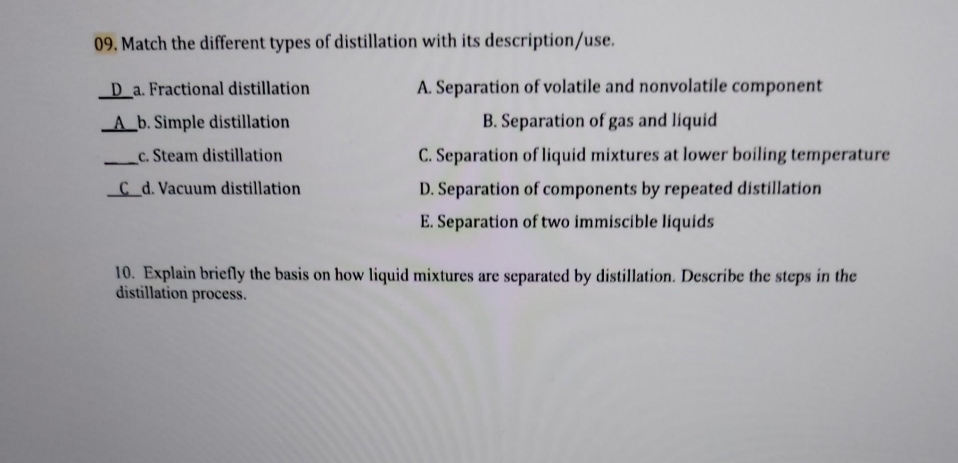 Solved 09. Match the different types of distillation with | Chegg.com