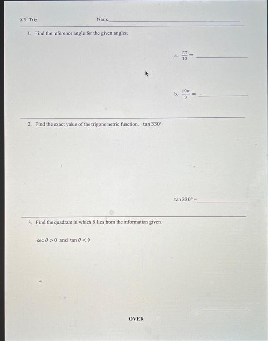 Solved 1. Find the reference angle for the given angles: 2. | Chegg.com